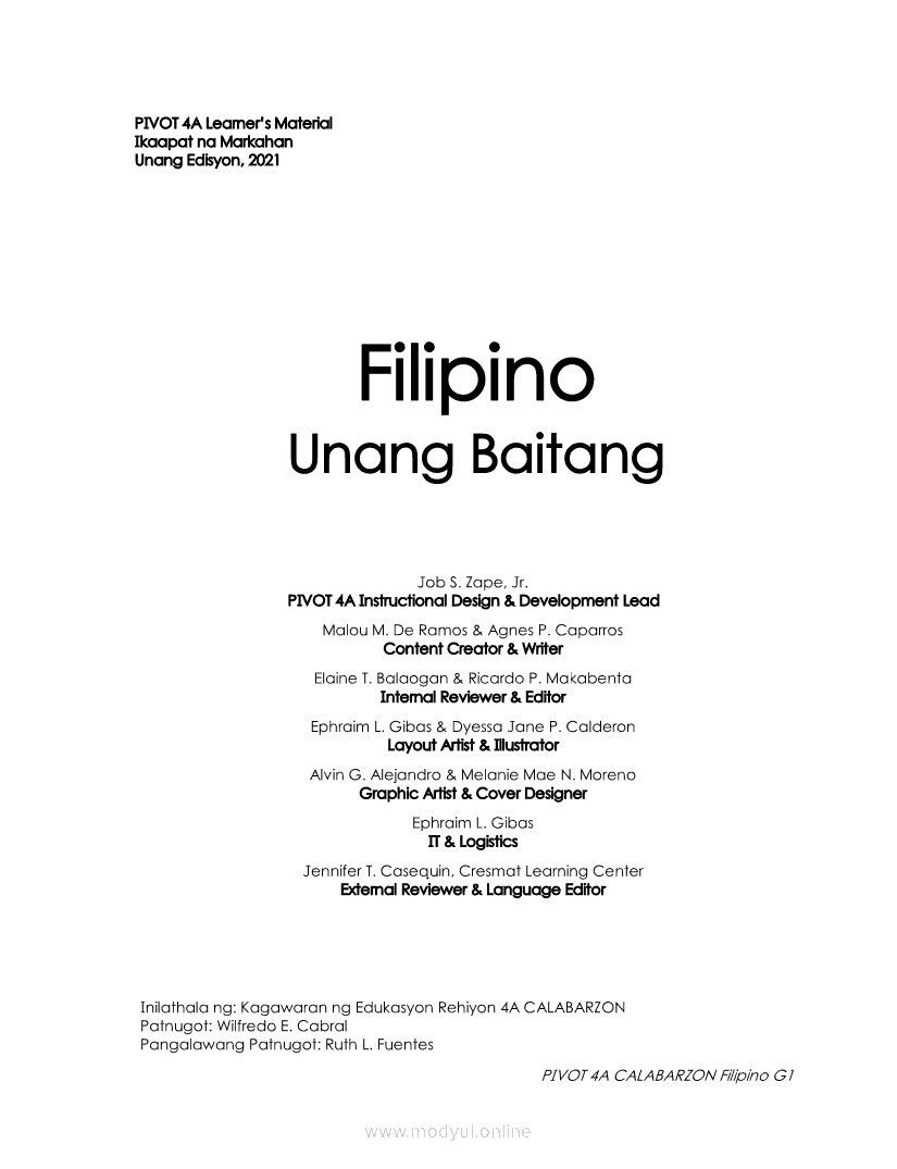 Filipino 1 Module Quarter 4 Grade 1 Modules